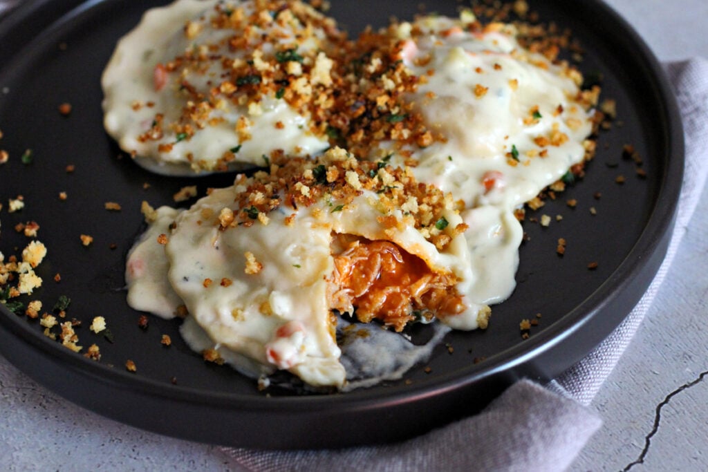 Buffalo Chicken Ravioli with Blue Cheese Sauce