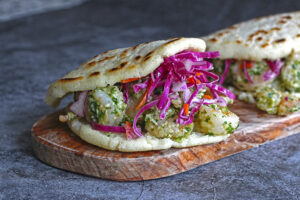 Pesto Shrimp Arepas with Pickled Cabbage
