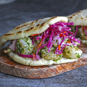 Pesto Shrimp Arepas with Pickled Cabbage